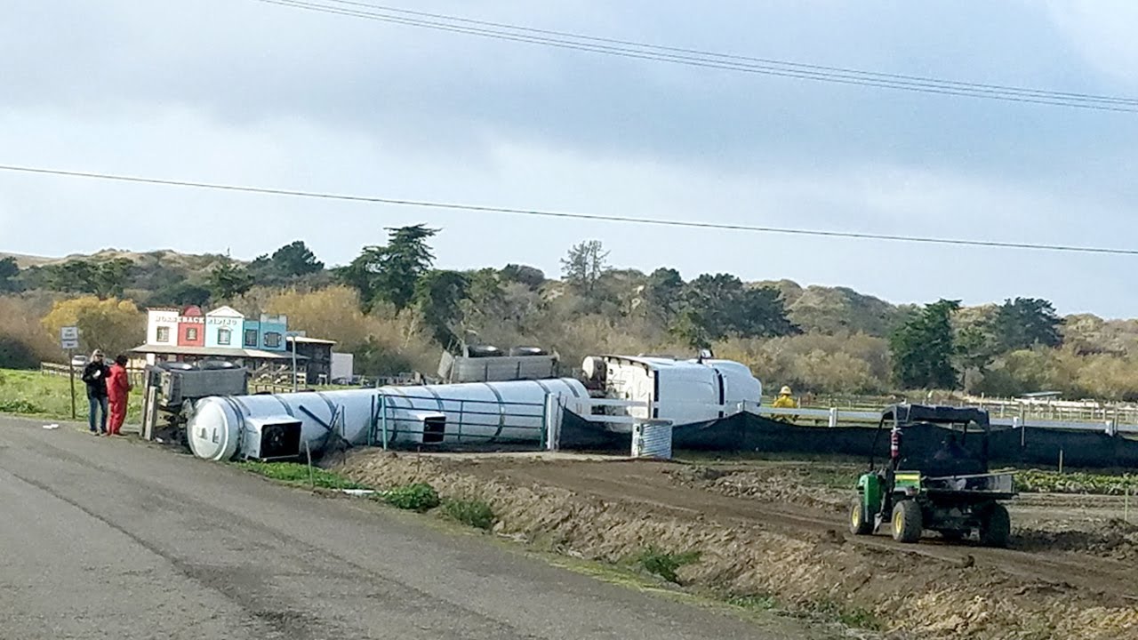 Tanker full of bleach overturns on Silver Spur Place in Oceano - YouTube