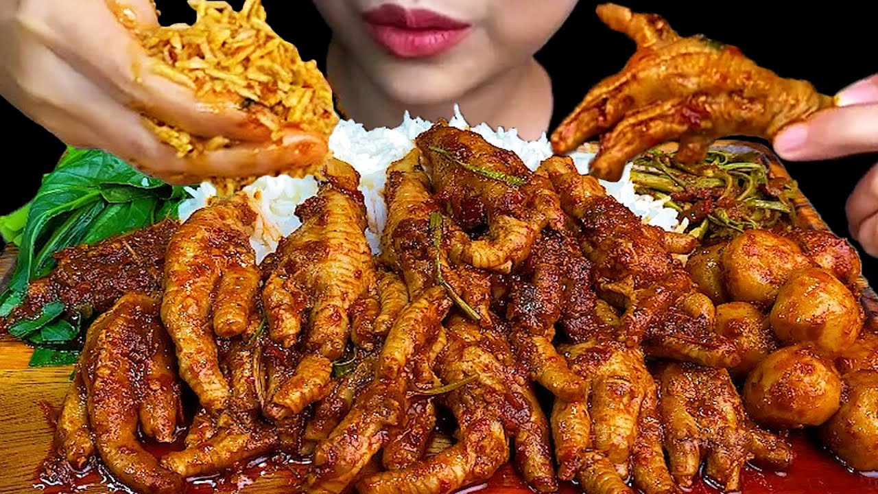 Eating Spicy Food ( Spicy Chicken Feet, Beef Meatballs, Rice ) - YouTube