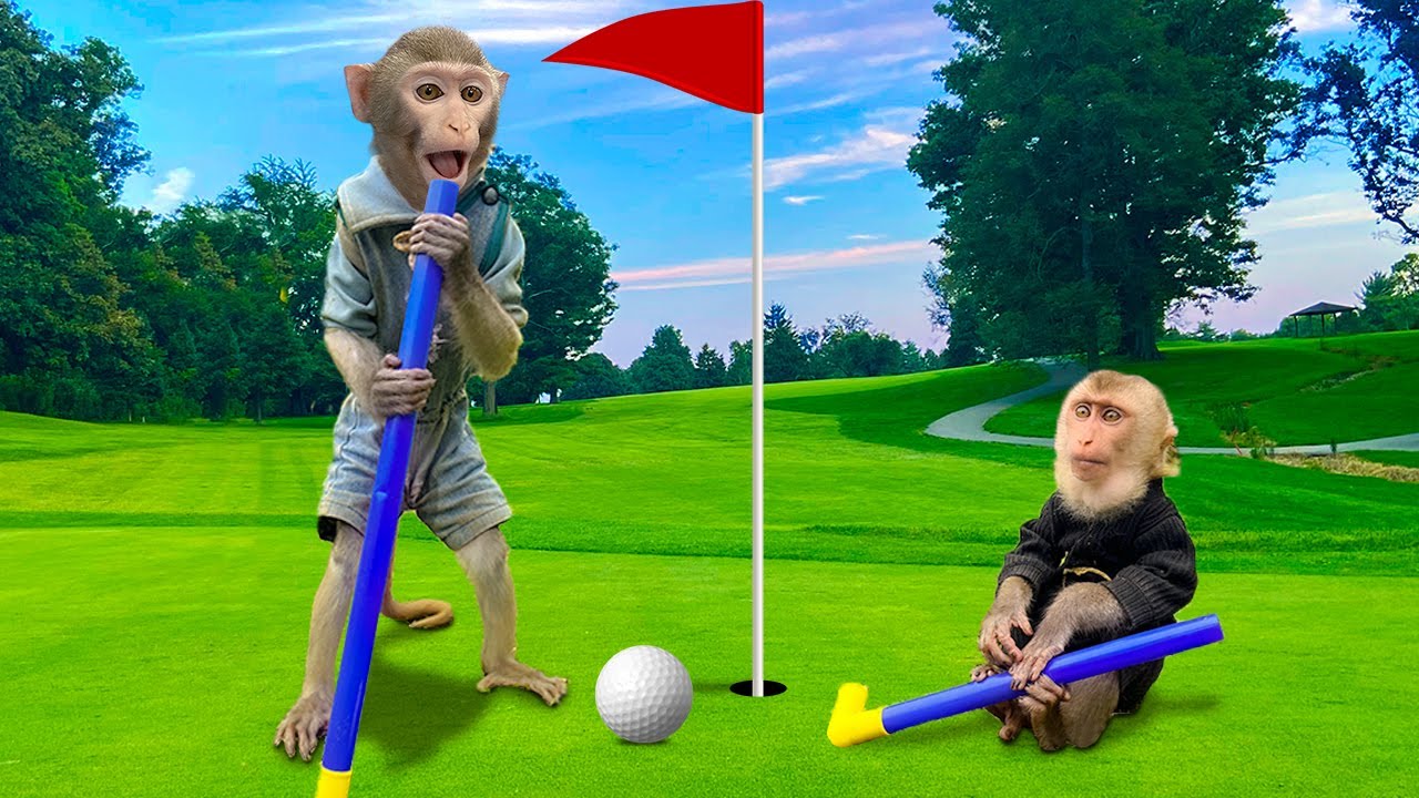 Bim Bim plays golf with little monkey Obi - YouTube