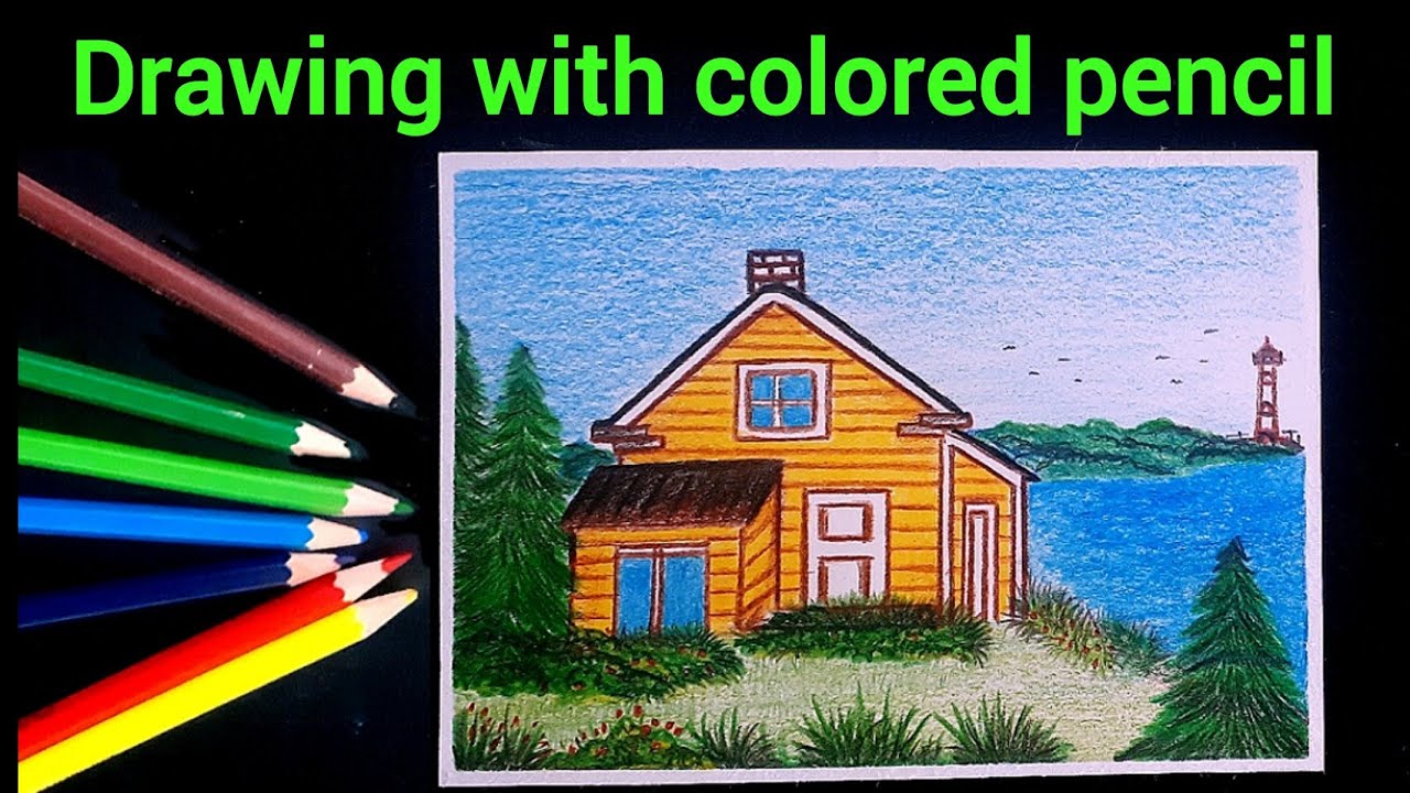 how to draw a house with colored pencils | cara menggambar rumah dengan ...