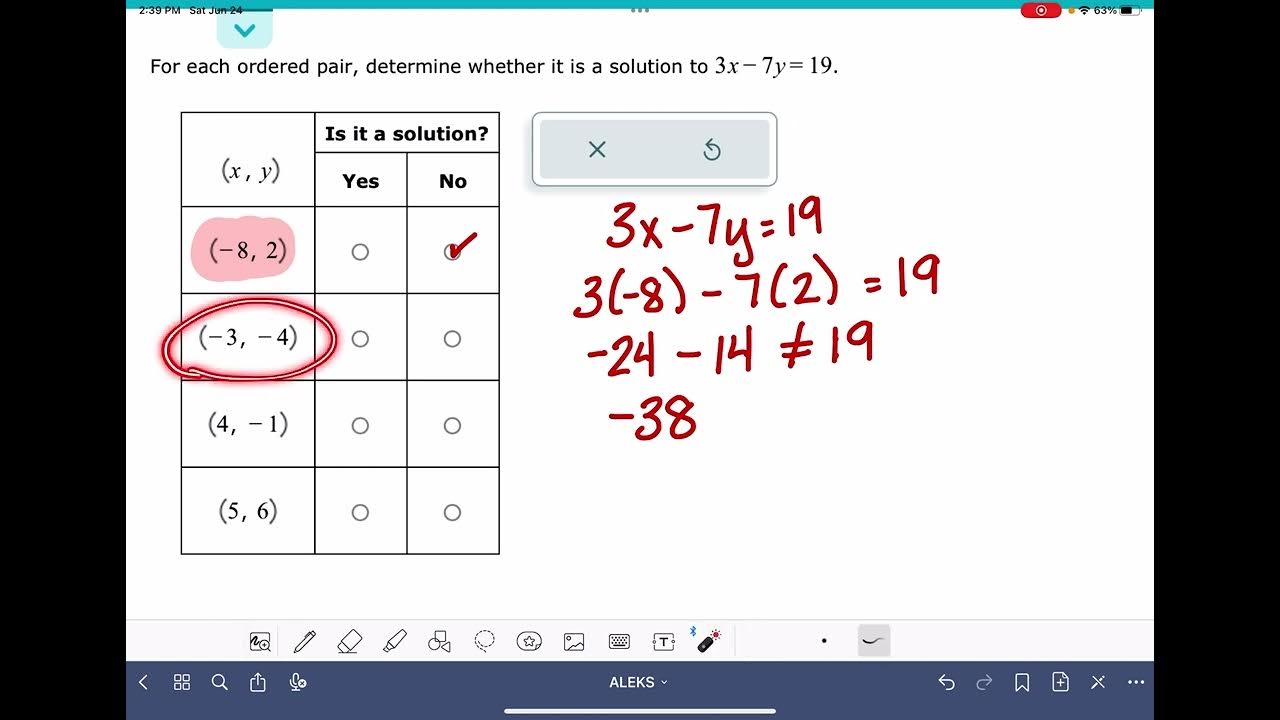 ALEKS: Identifying solutions to a linear equation in two variables - YouTube