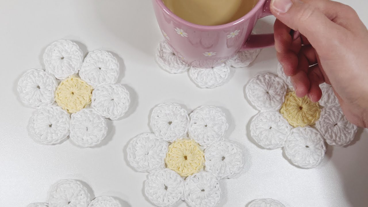 crochet super easy flower coasters, beginners crochet coasters - YouTube