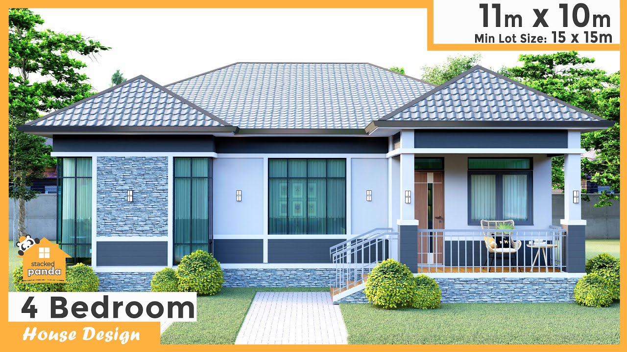 9.85 by 11 meters (32 by 36ft), 4 Bedrooms, Modern House Design (128 ...