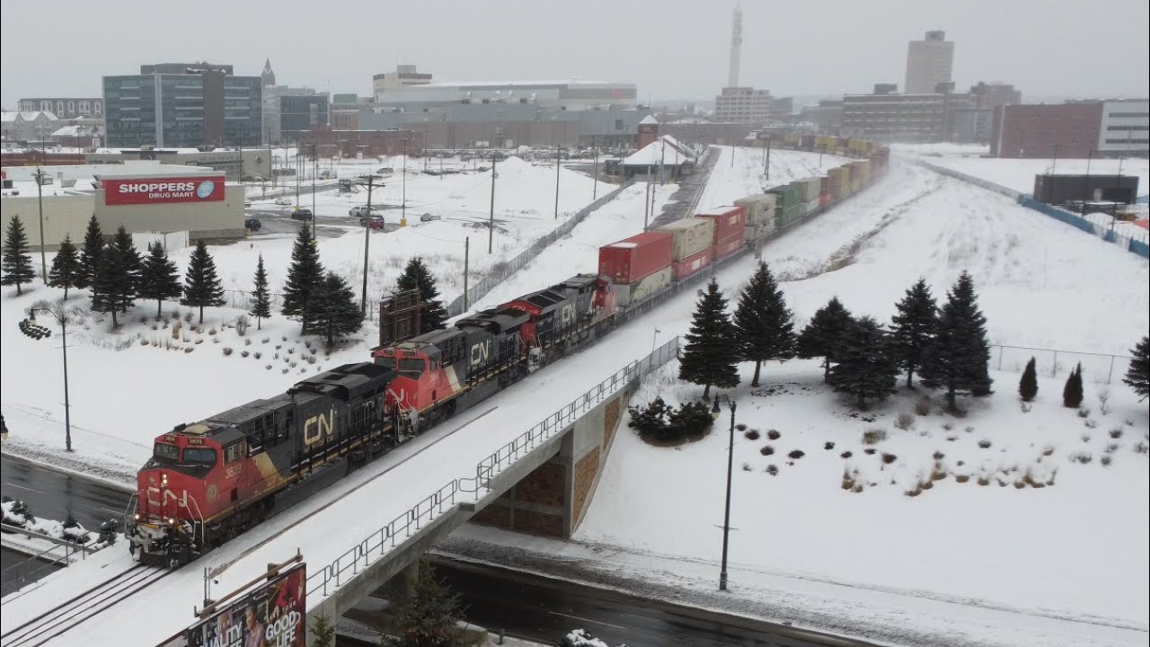 Awesome 4K Aerial View! Big Stack Train CN 121 w/DPU Very Late into ...