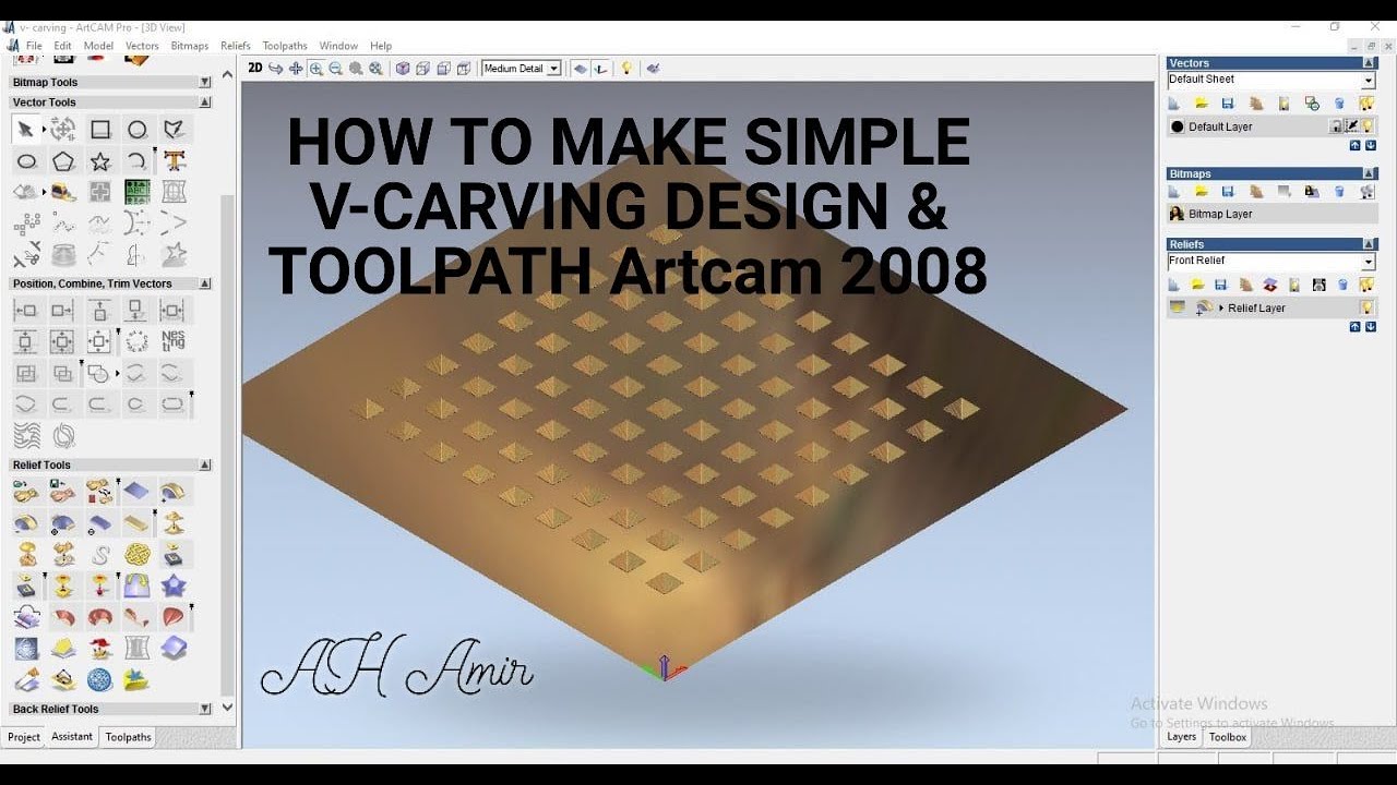 HOW TO MAKE SIMPLE V-CARVING DESIGN & TOOLPATH Artcam 2008 - YouTube