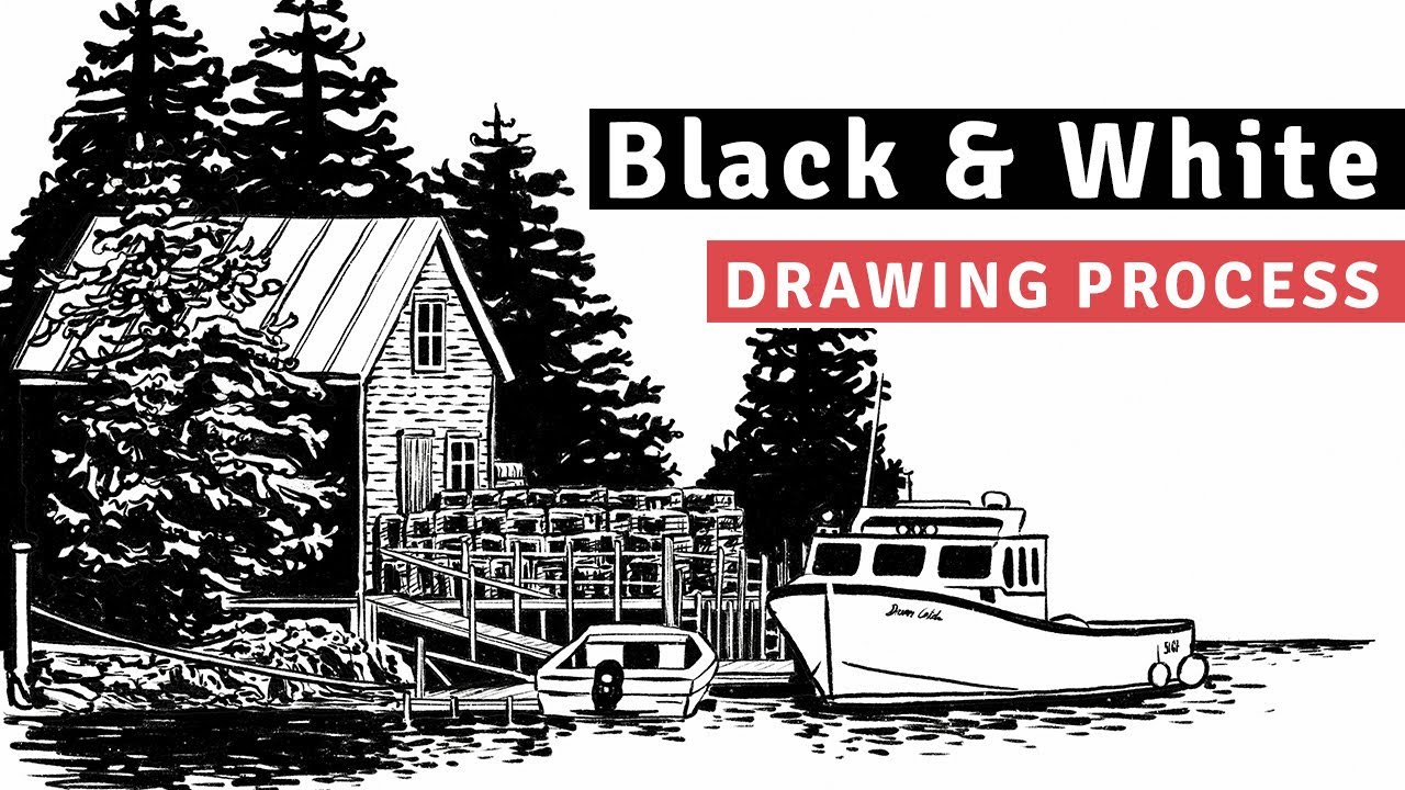Black & white illustration time-lapse | lobster fishing shack with ...