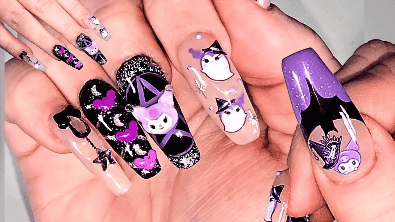 Cute Kuromi Nail Art 💜🖤/Sanrio nails/Batwing French/Nail ASMR/ SUB ...