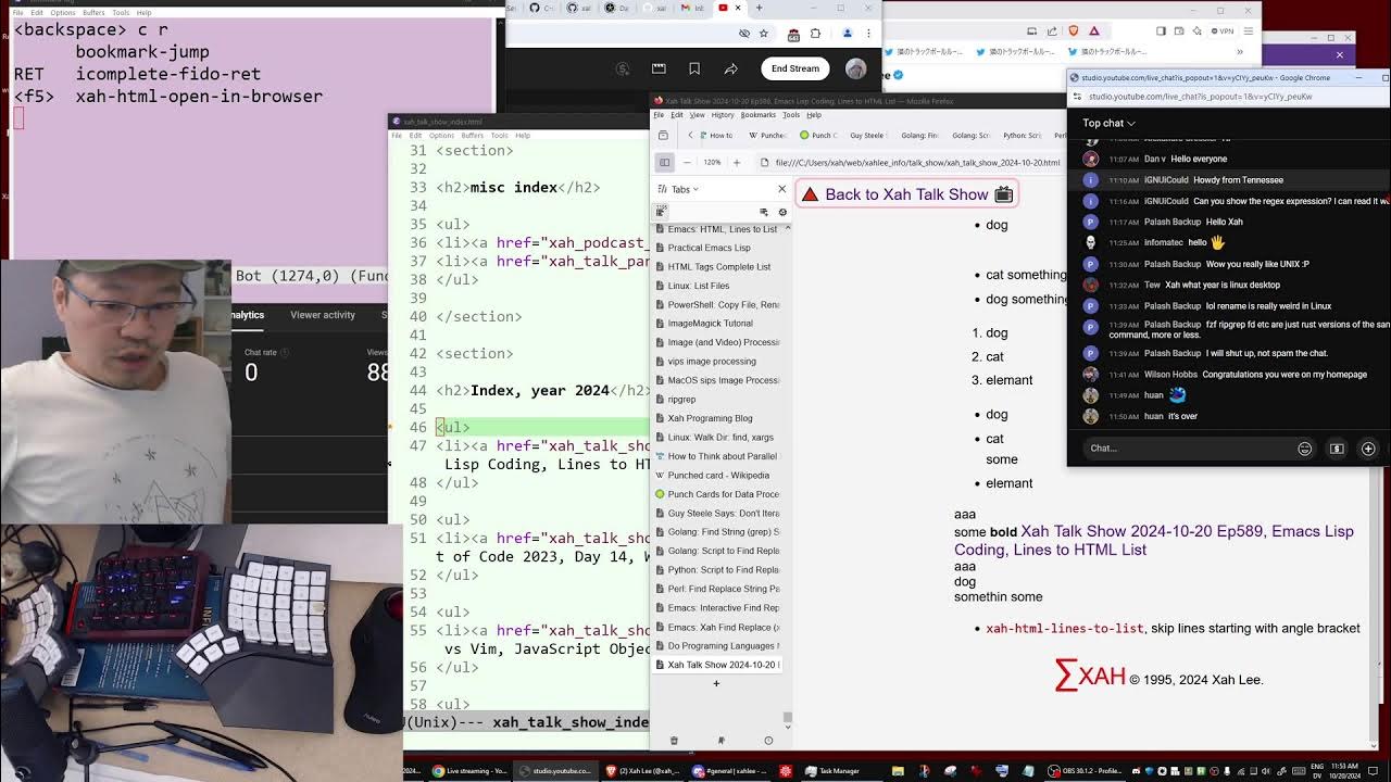 Xah Talk Show 2024-10-20 Ep589, Emacs Lisp Coding, Lines to HTML List - YouTube