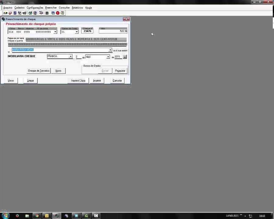 PREENCHIMENTO DE CHEQUE VIA CPPWIN - YouTube