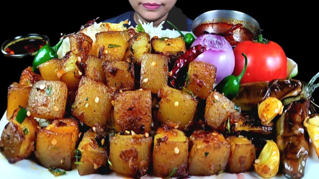 ASMR EATING SPICY PORK FRY, PORK FRIED OIL, BRINJAL FRY‌ RICE | PORK ...