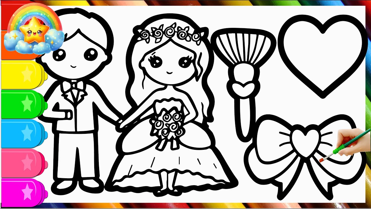 Cute Bride and Groom Drawing and Coloring For Kids | How to draw bride ...