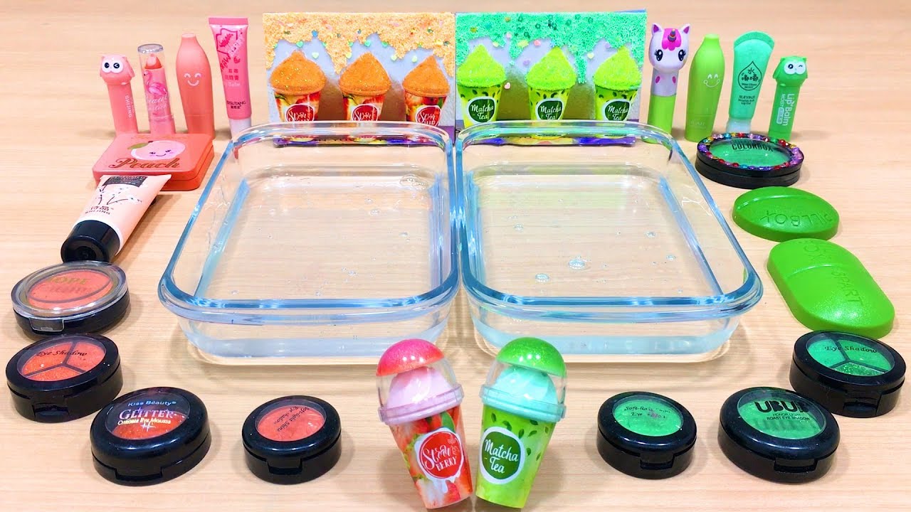 Green vs Orange ! Mixing Makeup Eyeshadow into Clear Slime | Satisfying ...