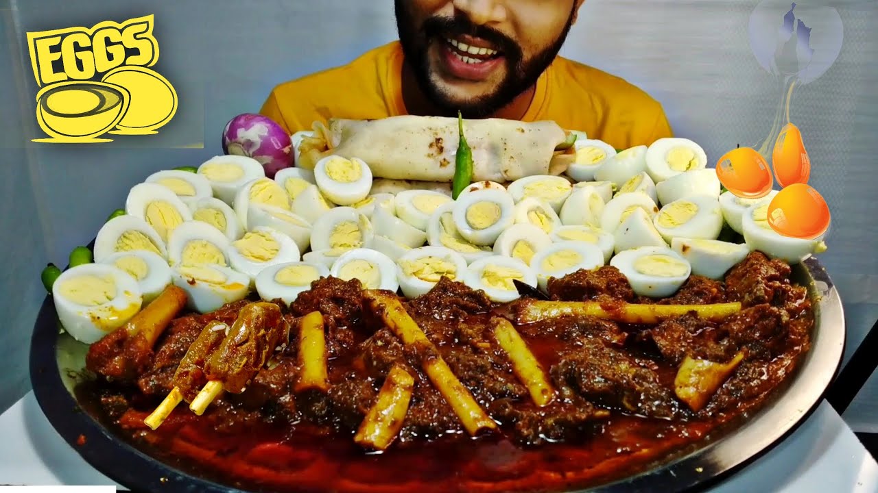 Oily Masala Mutton With 50 Boiled Eggs & Chicken Roll Mukbang Eating ...
