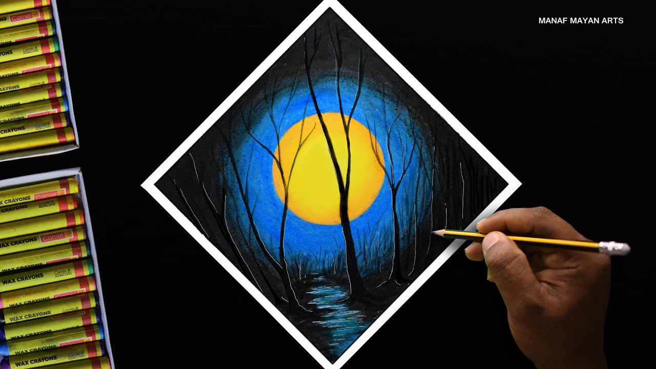 Full Moon Scenery | for Beginners with Wax Crayons | step by step #126 ...