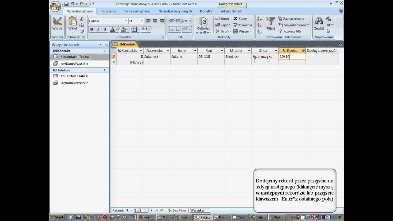 Wpisywanie danych do tabel MS Access 2007 - YouTube