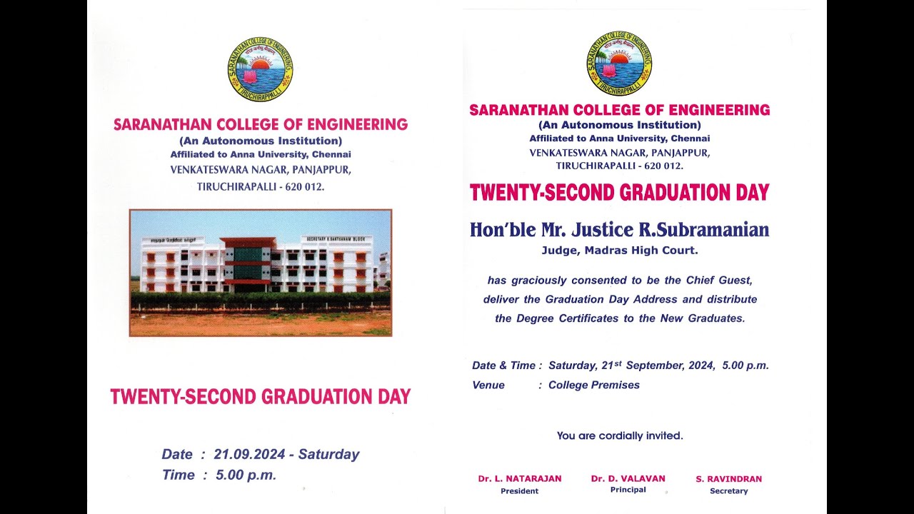 22nd Graduation Day | SARANATHAN COLLEGE OF ENGINEERING - YouTube
