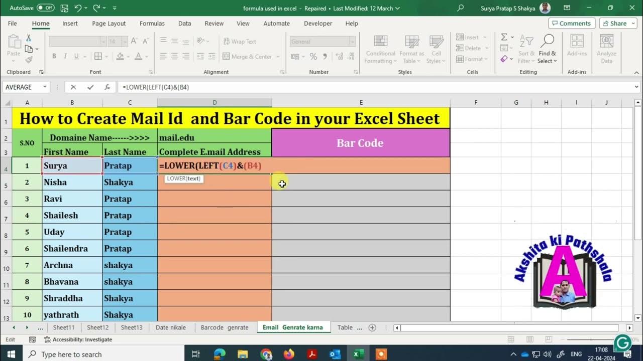 How to Create Mail Id and Bar Code in your Excel Sheet - YouTube