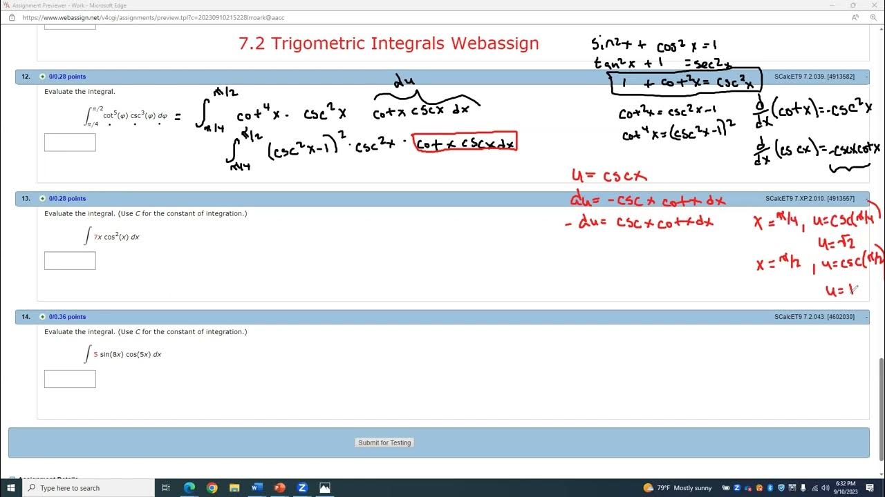 Calculus 2, Trigonometric Integrals Webassign Practice #12 - YouTube
