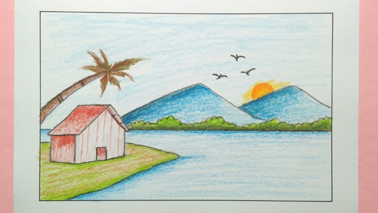 Cara Menggambar Pemandangan Gunung Rumah Dan Pantai How To Draw