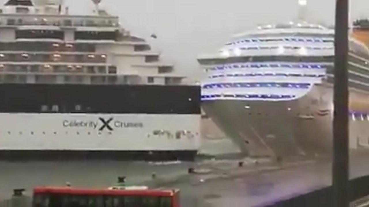 Two Cruise Ships Collide After High Winds Rip Moorings - YouTube