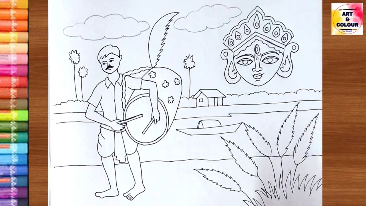 Autumn Scenery Drawing Easy Step by Step | Durga Puja Drawing | Maa ...