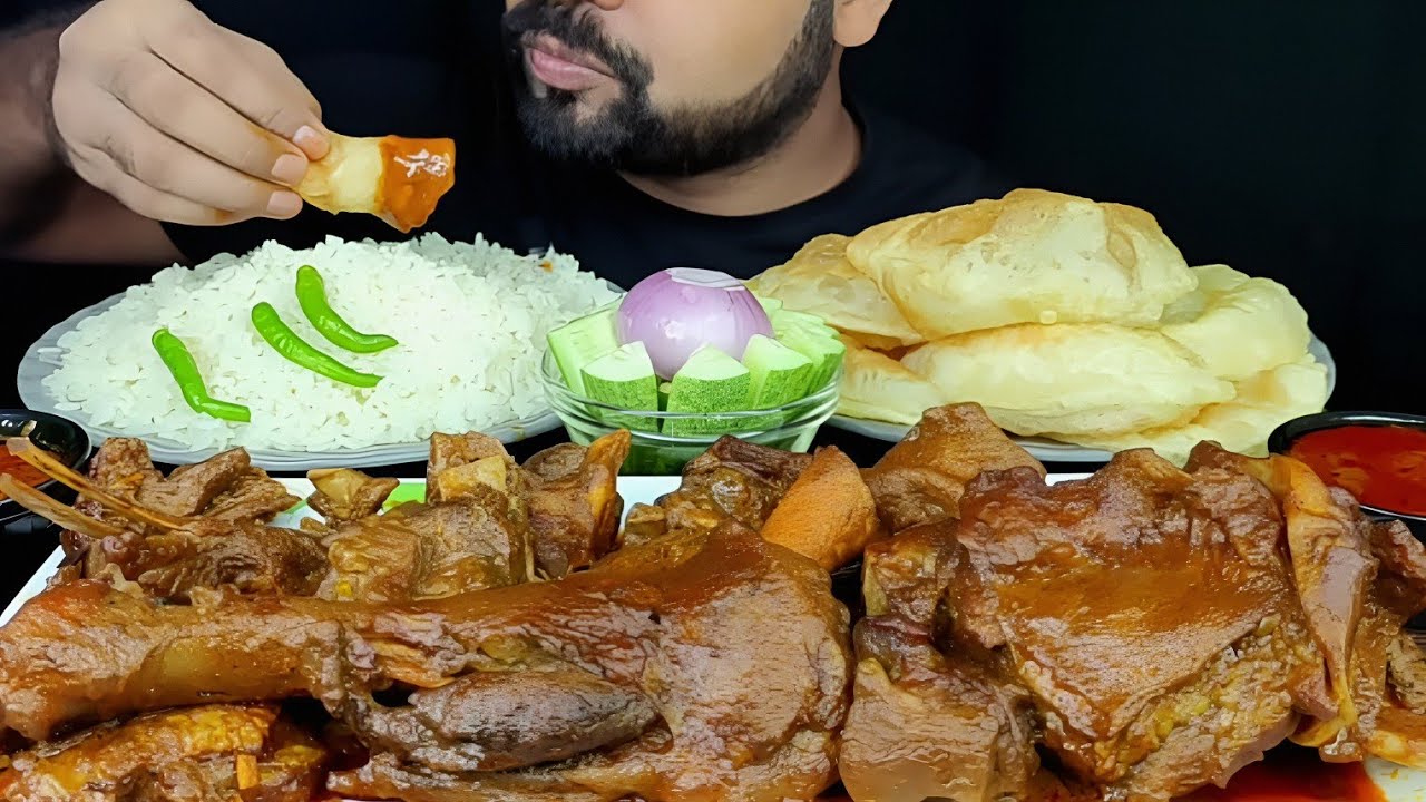 ASMR EATING 2KG MSALA MUTTON CURRY, MUTTON HADDI, MSALA PURI, RICE AND ...