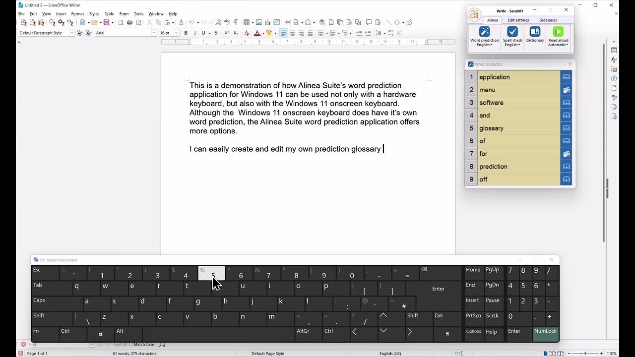 Alinea Suite word prediction application with Windows onscreen keyboard ...