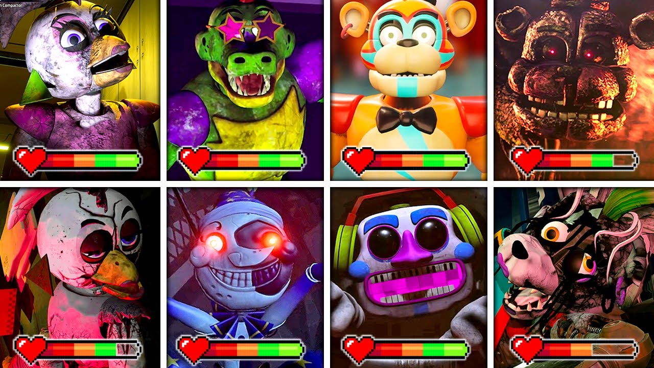 FNAF Security Breach - All BOSSES and DEATHS with HEALTHBARS - YouTube