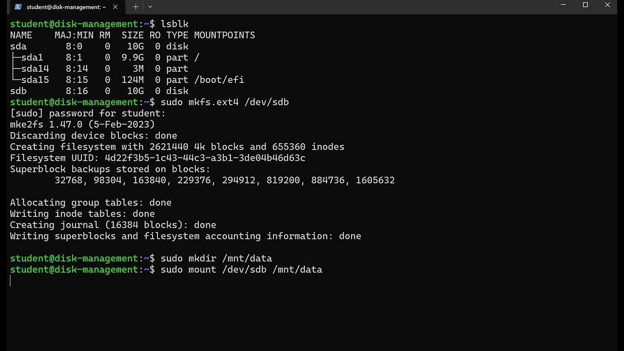 Linux Disk Management mkfs and mount Commands - YouTube