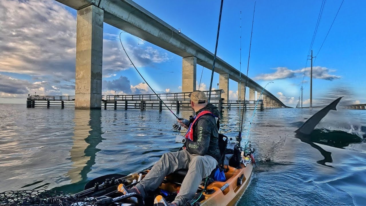SHARK ATTACK! Kayak Fishing The ENTIRE 7 mile bridge Round Trip In One ...