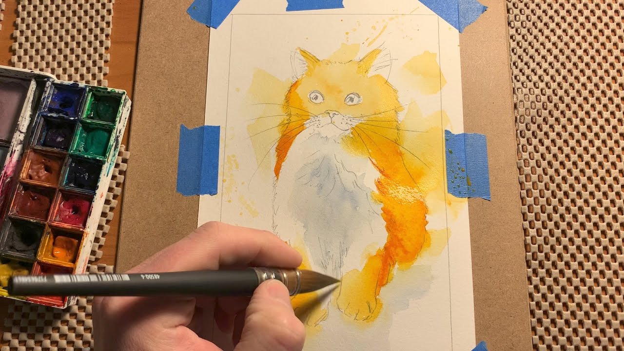 Watercolor Painting an orange cat. A quick and short how to watercolor ...