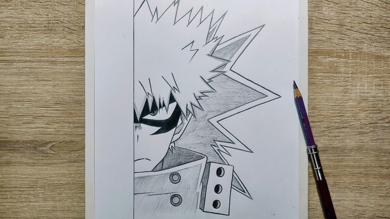 How to draw Katsuki Bakugo half face | Drawing Katsuki Bakugo step by ...