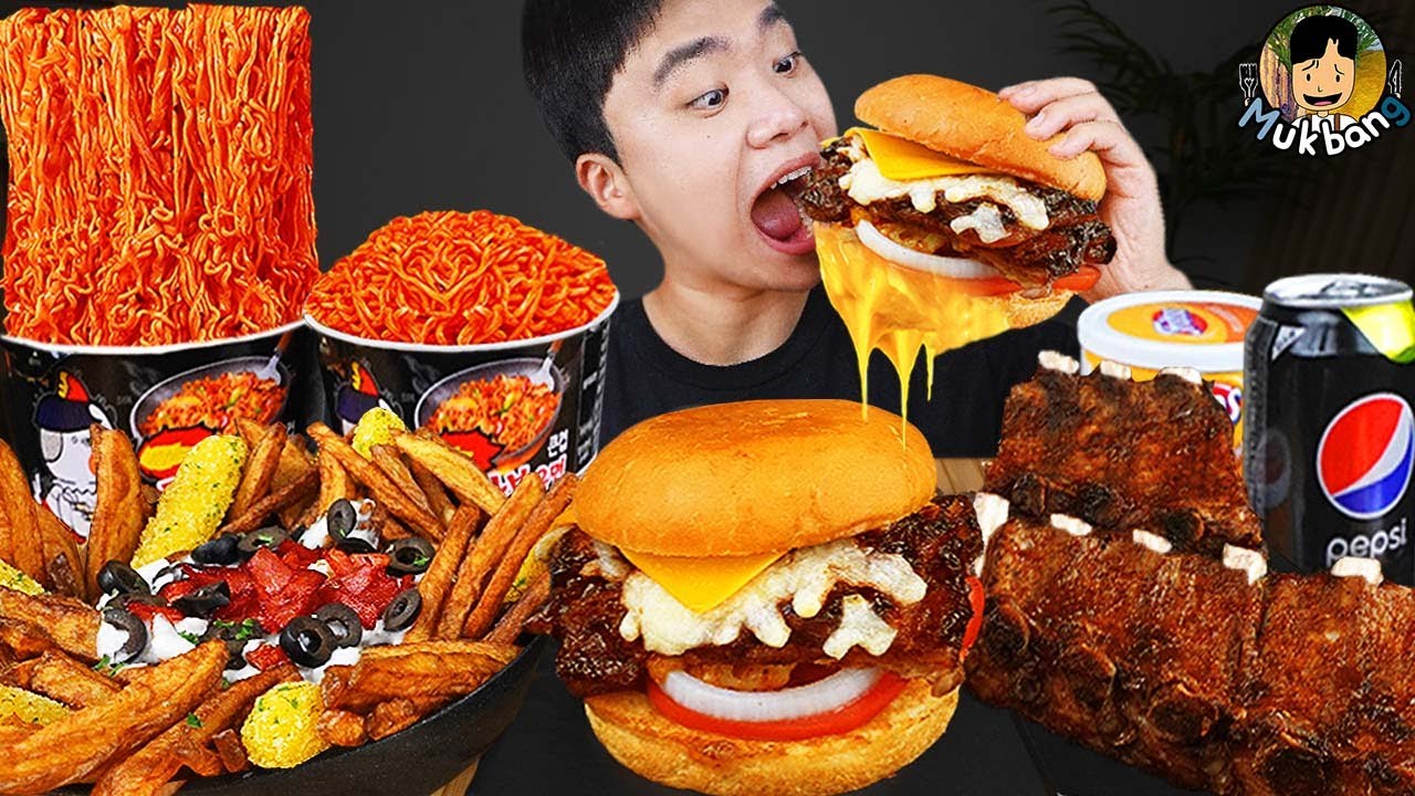 Asmr Mukbang 직접 만든 햄버거 치즈스틱 불닭볶음면 먹방 And 레시피 Fire Noodles And Burger