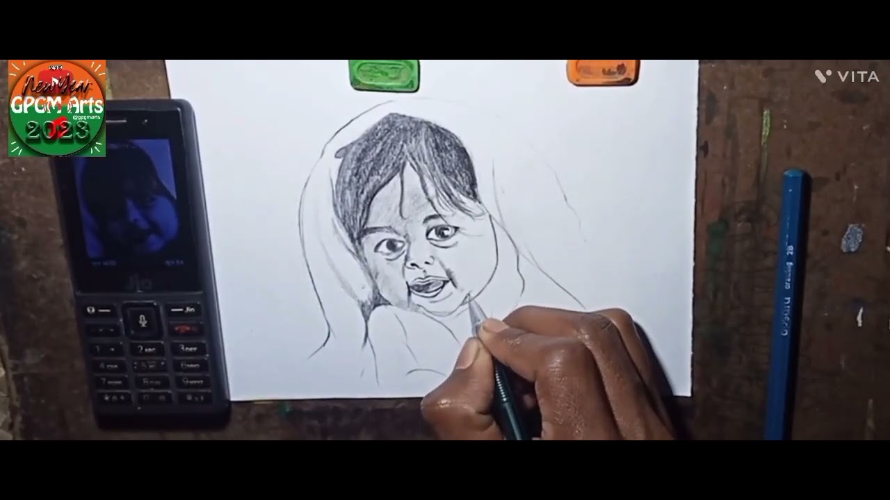 jio phone use drawing of a cute baby girl 😍 / how to draw a girl / easy ...