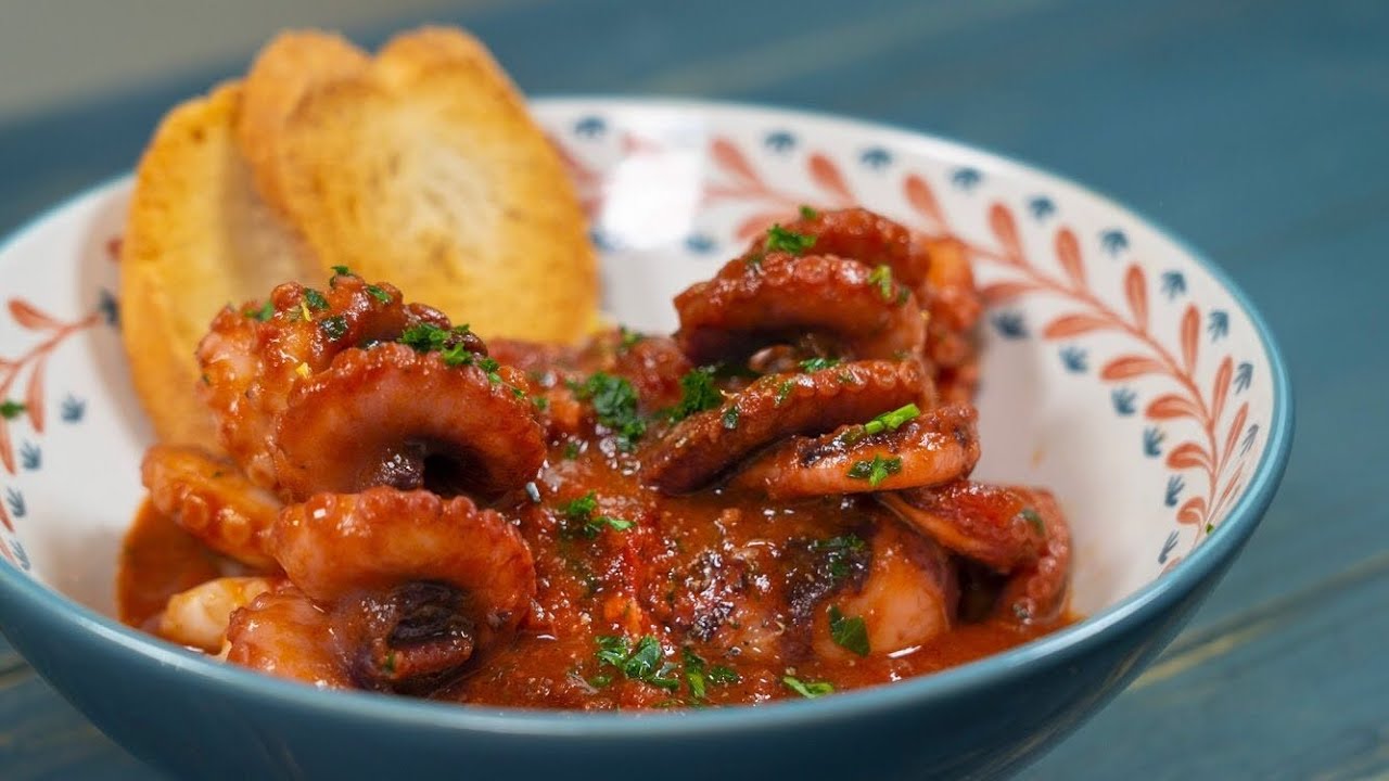 Musky octopus stuffed with Delicius anchovies, stewed - YouTube