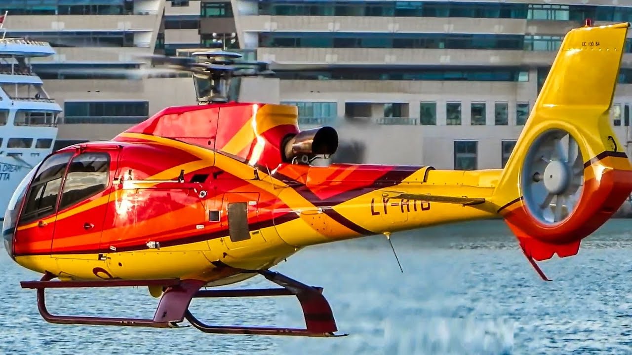 Eurocopter EC130 B4 LY-HTB (now EC-NKU) fly by at Barcelona heliport ...