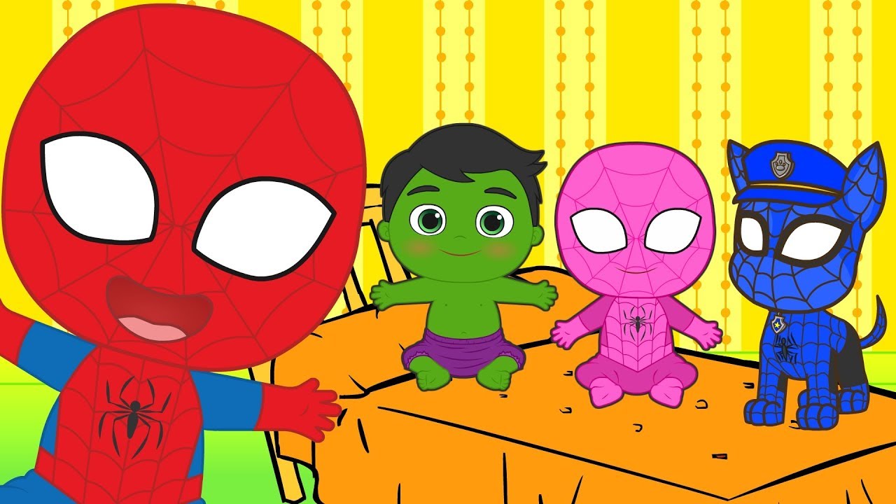 FIVE LITTLE SUPERHERO Babies as PJ Masks, Spiderman, Hulk, Paw Patrol ...