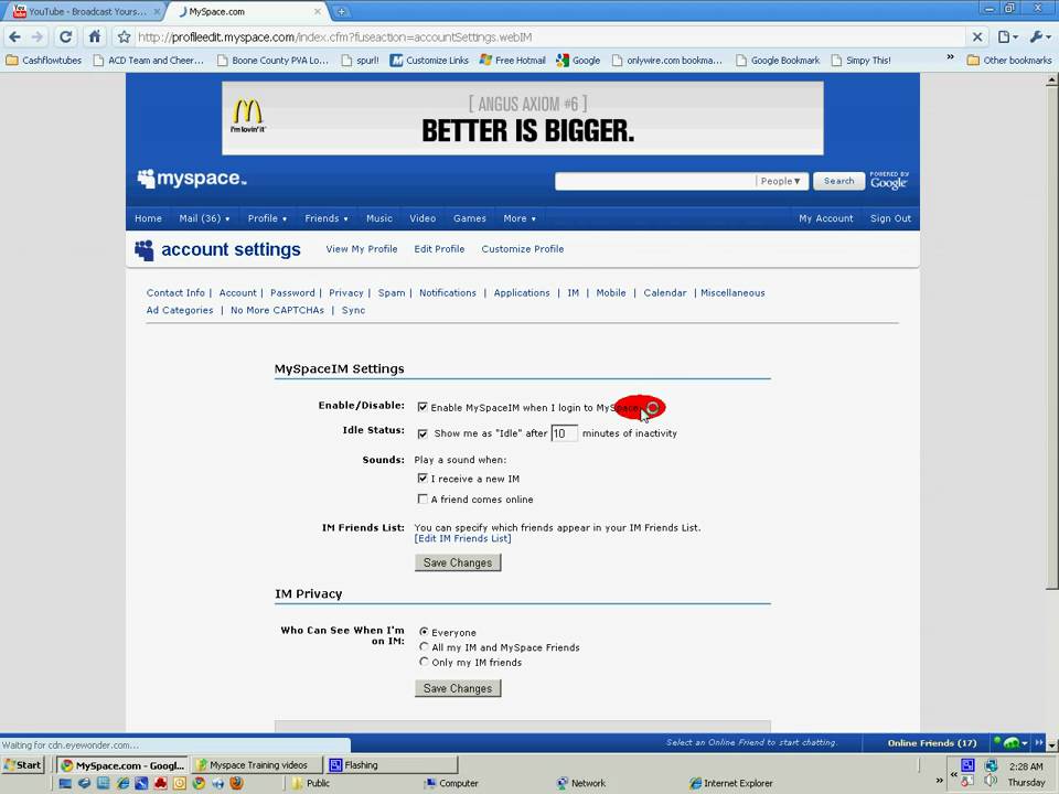 How to enable or disable Myspace IM instant messenger - YouTube