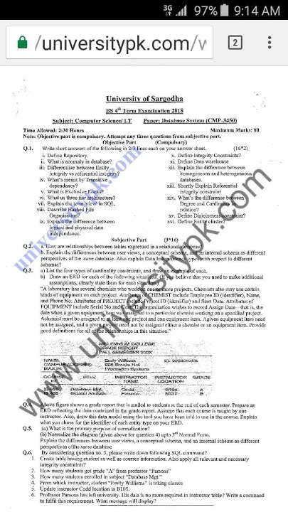 #uos past paper of database systems for BS IT OR BS CS 2017.UOS past ...