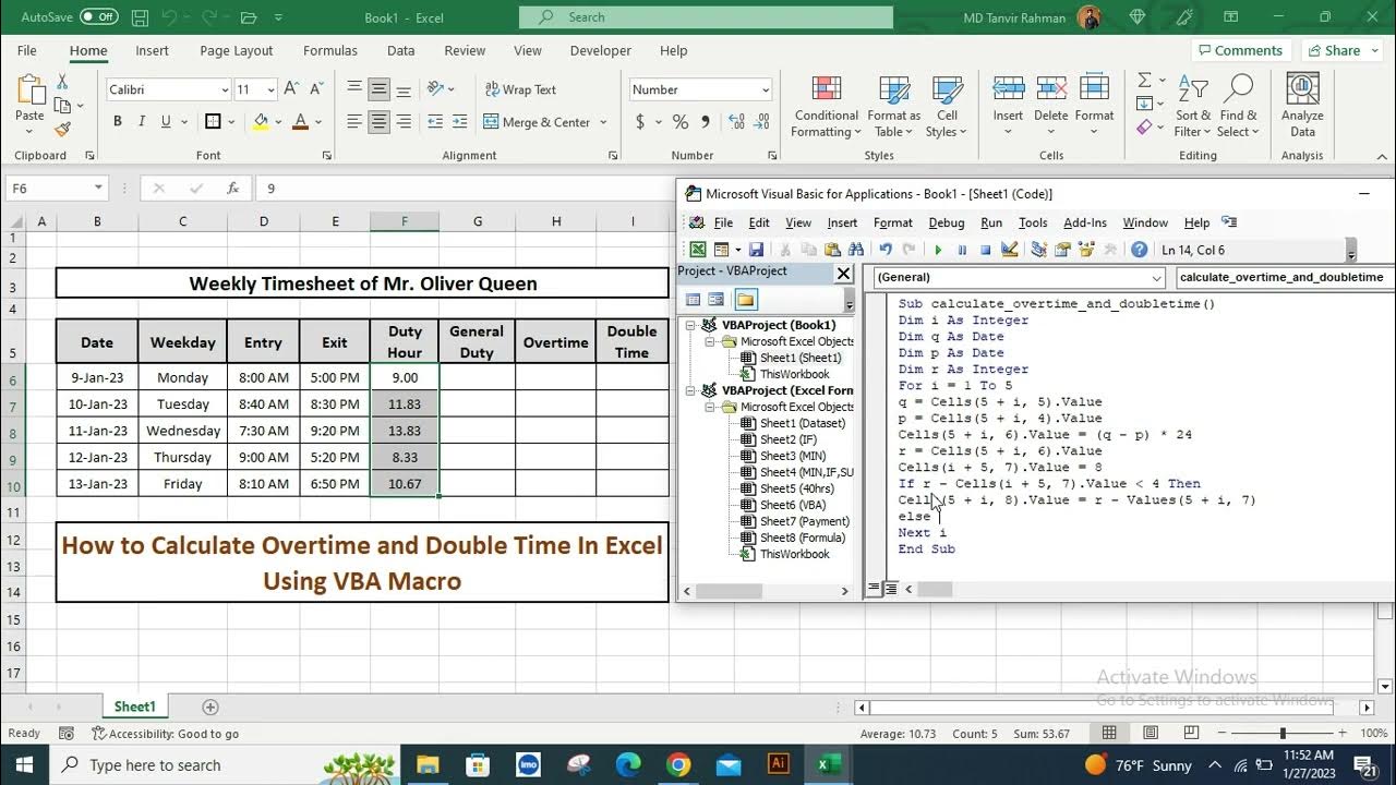How to Calculate Overtime and Double Time using Excel VBA Macro - YouTube