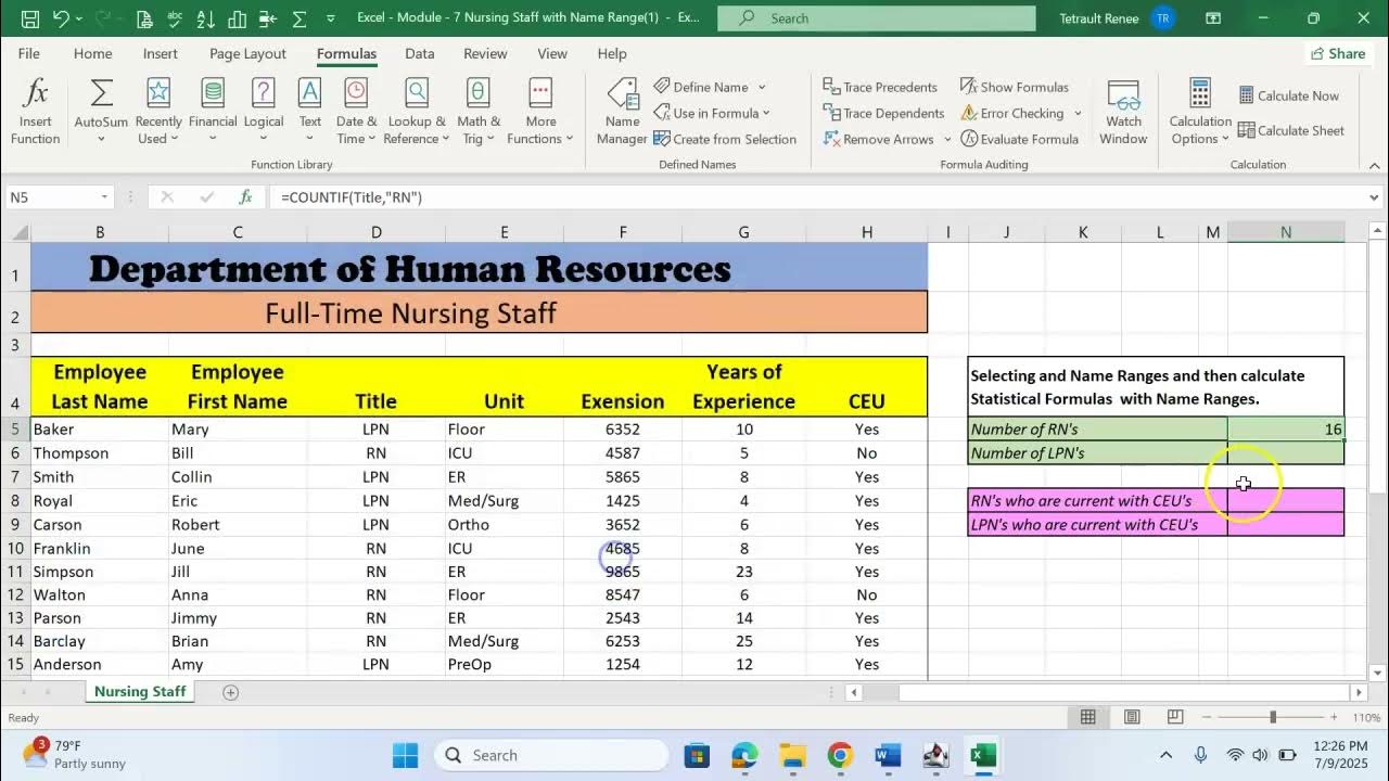 Excel - Module 7 - Nursing Stafaf with Name Range - YouTube