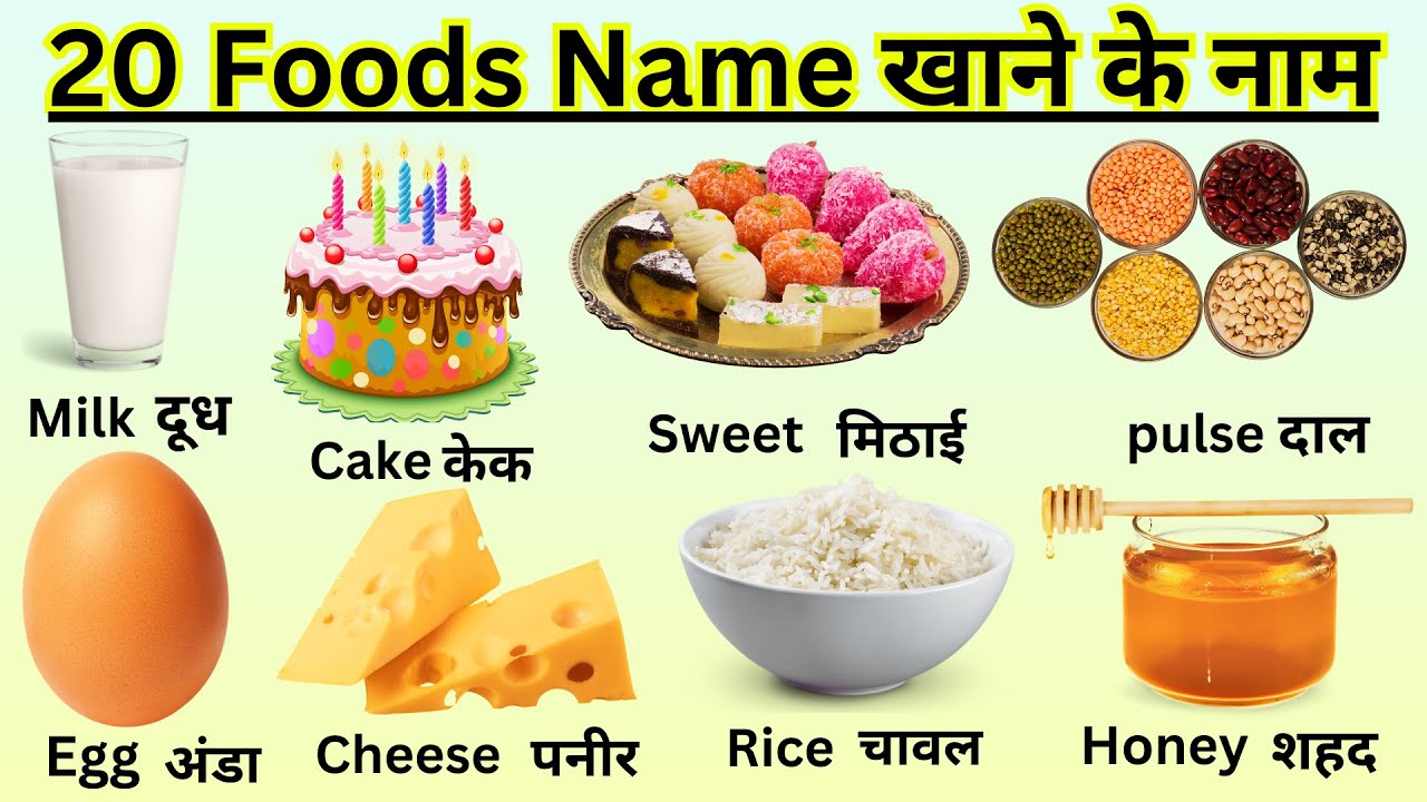 Learn 20 foods name | The Name of Foods | Khane ke naam | खाने के नाम ...