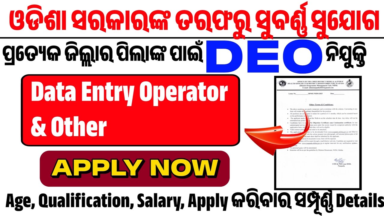 ଆସିଲା DEO ନିଯୁକ୍ତି 2025 // Data Entry Operator / DEO job in odisha ...