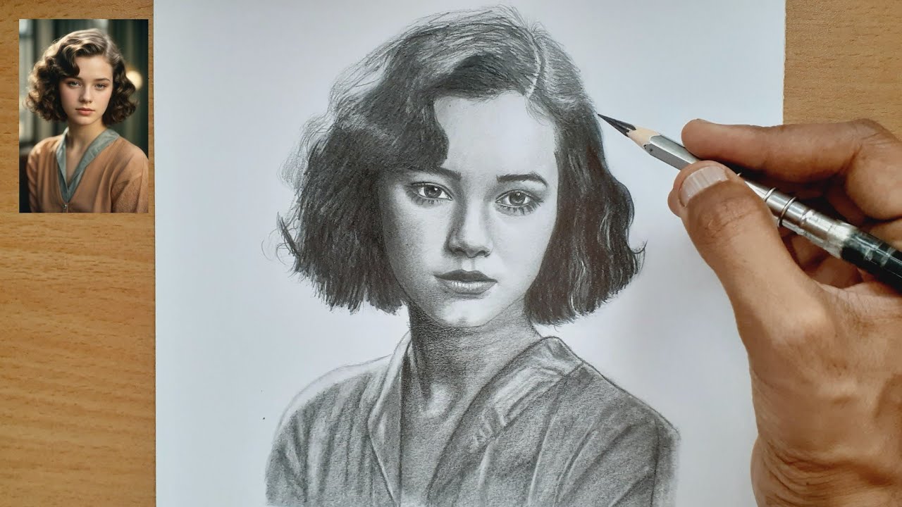 Drawing a short hair girl portrait with graphite pencil | reference ...
