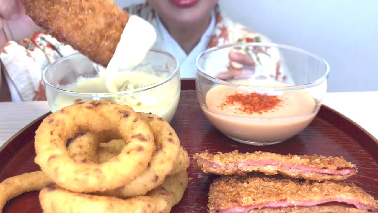 [ASMR] spam cutlet, onion rings + cheesy melted sauce, so crispy ...