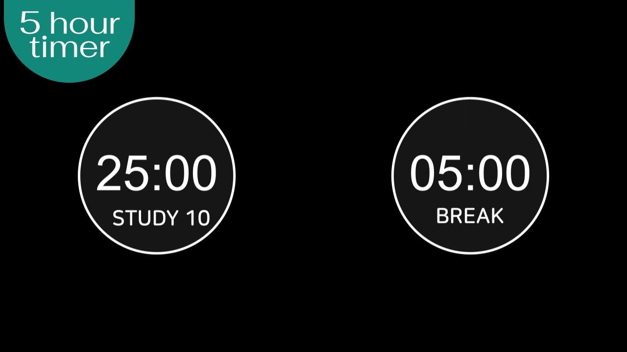 25 / 5 Pomodoro 5 Hour Timer 25min study 5min break No Music Only Bell ...