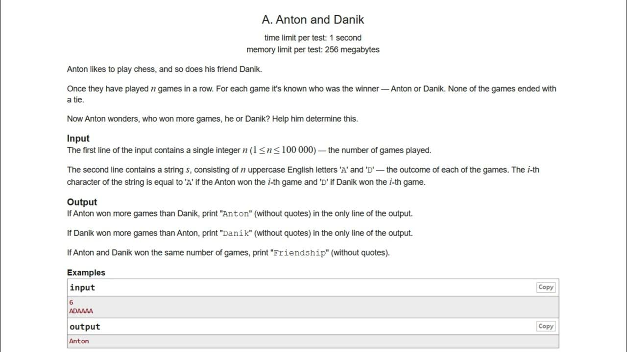 "Codeforces 734A 'Anton and Danik' Beginner Solution in Python | Arabic Subtitles" - YouTube