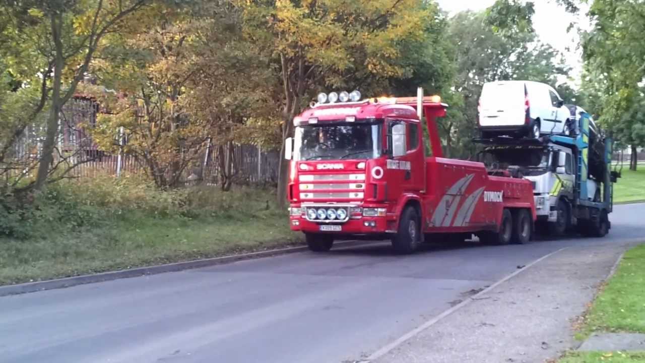 V8 scania recovery truck with loaded car transport - YouTube