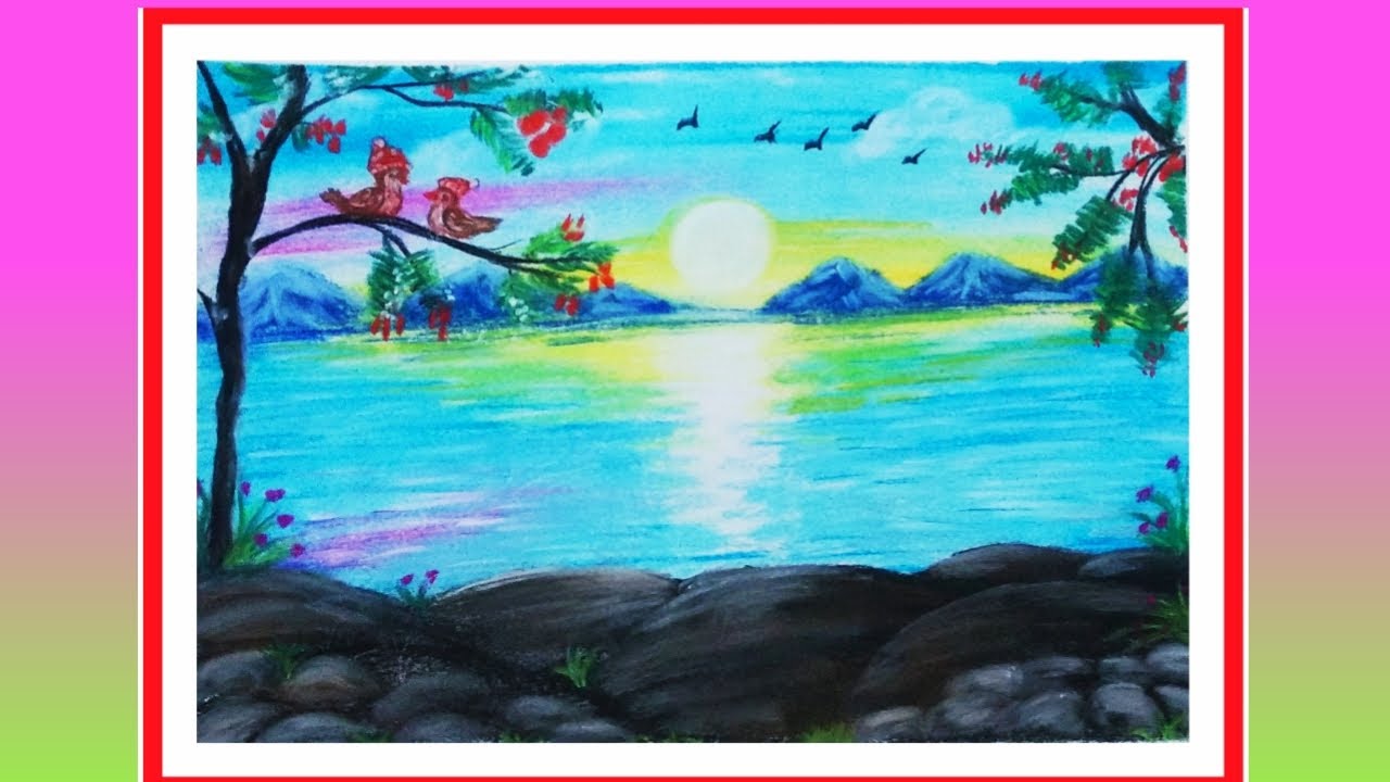 Easy drawing scenery of morning view || Two birds sitting on the tree ...