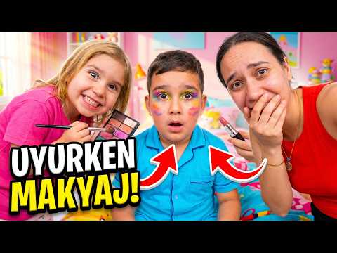 ARAS'A UYURKEN MAKYAJ YAPTIK! UYANINCA ÇILDIRDI !